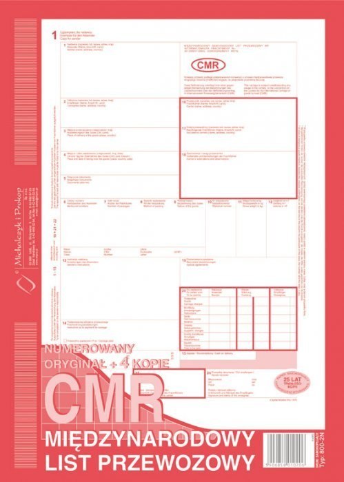 Numerowany międzynarodowy list przewozowy CMR, (1+4) A4 80 kartek, 10 ...